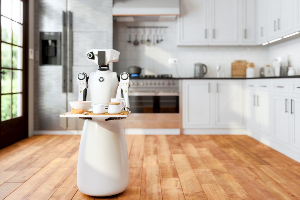 Robot Maid Holding A Tray And Serving Food And Drink In Modern Domestic ...